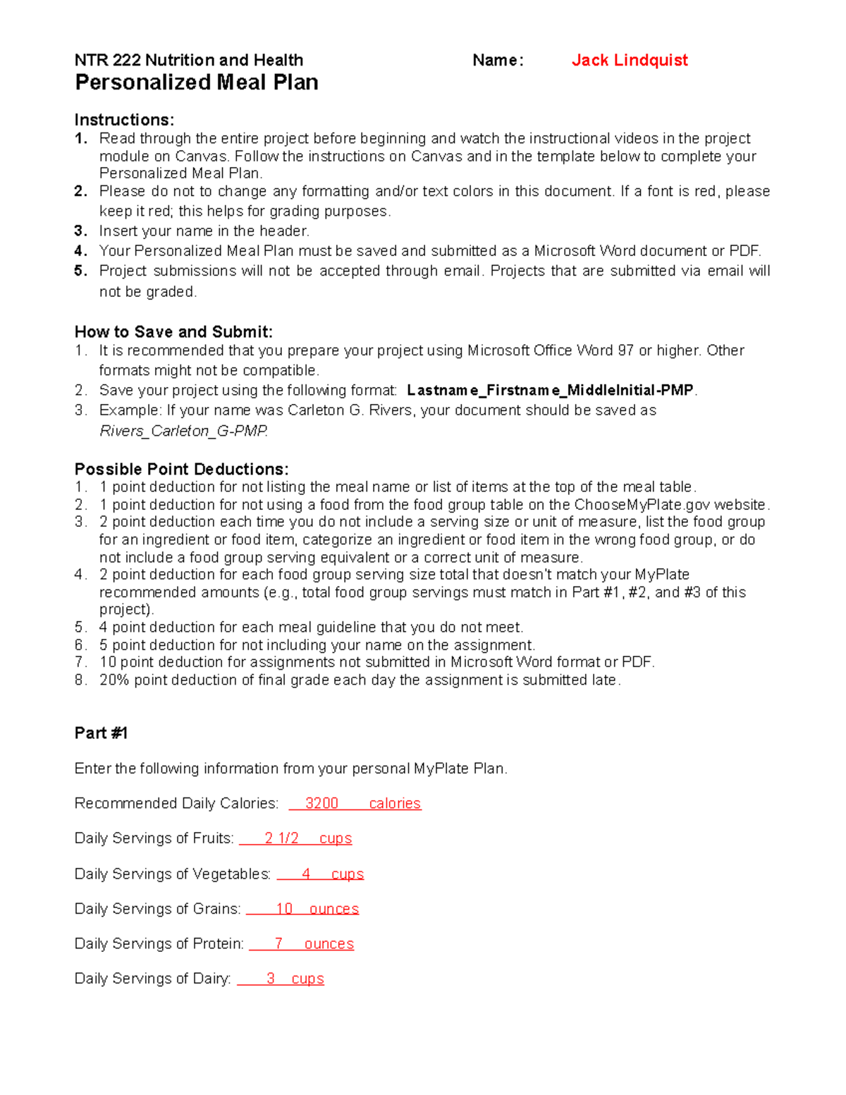 Daily Meal Plan for NTR 222 Rivers Carleton Example - Personalized Meal ...