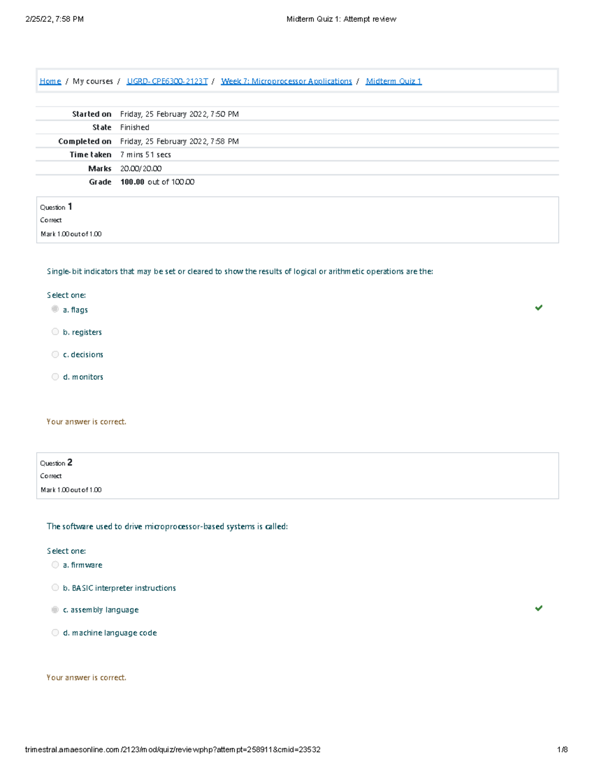 Midterm Quiz 1 Attempt review - Home/My courses/ UGRD-CPE6300-2123T ...
