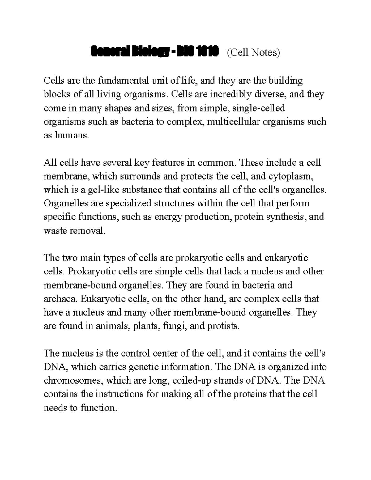 BIO - Cell Notes - General Biology - BIO 1010 (Cell Notes) Cells are ...