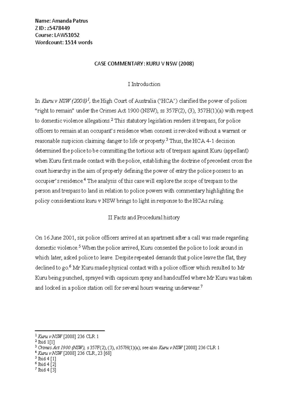 CASE Commentary - Z ID: z Course: LAWS Wordcount: 1514 words CASE ...