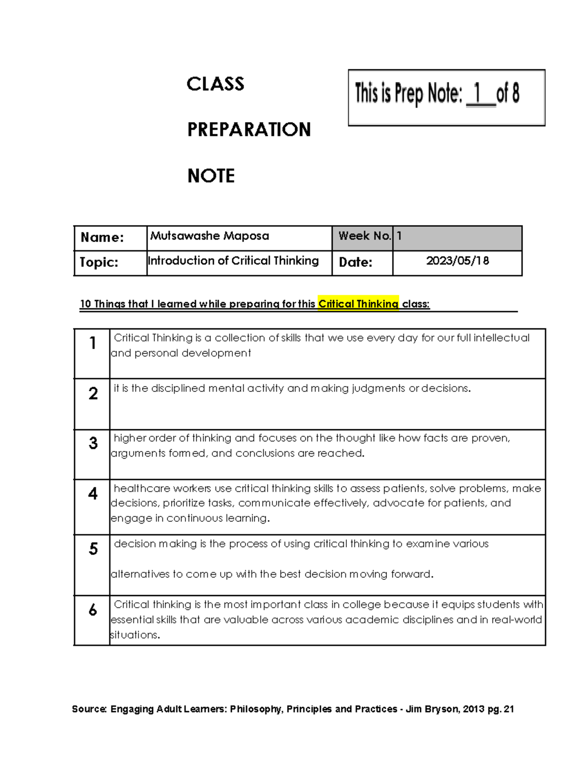 Prep Note Master S23 week 1 - CLASS PREPARATION NOTE Name: Mutsawashe ...
