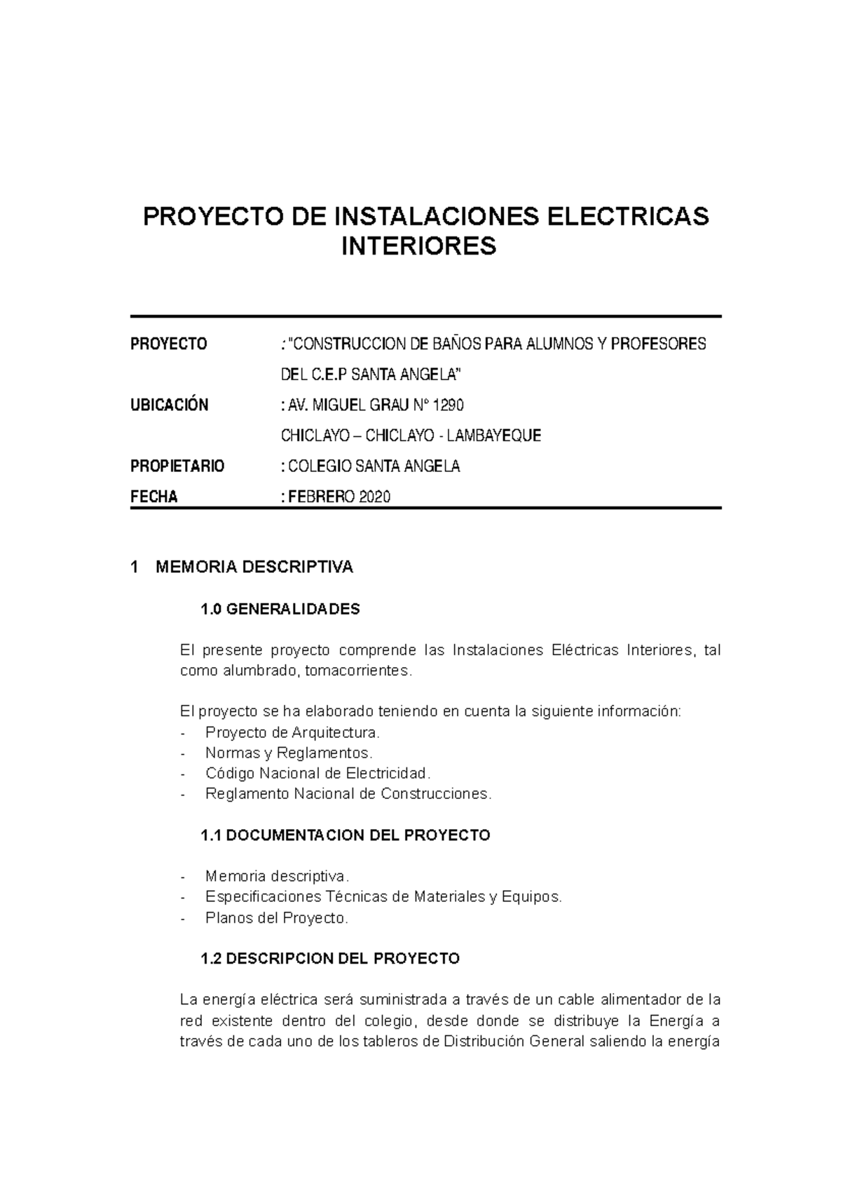 Memoria descriptiva de intalaciones electricas - PROYECTO DE INSTALACIONES ELECTRICAS INTERIORES ...