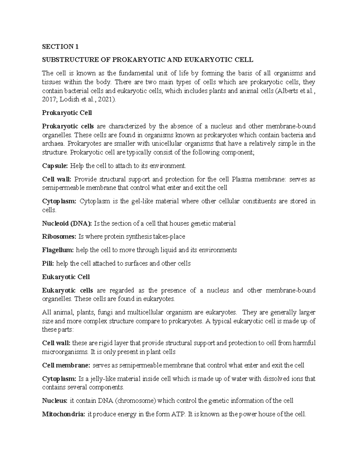 Corrections-2 - Cell biology - SECTION 1 SUBSTRUCTURE OF PROKARYOTIC ...