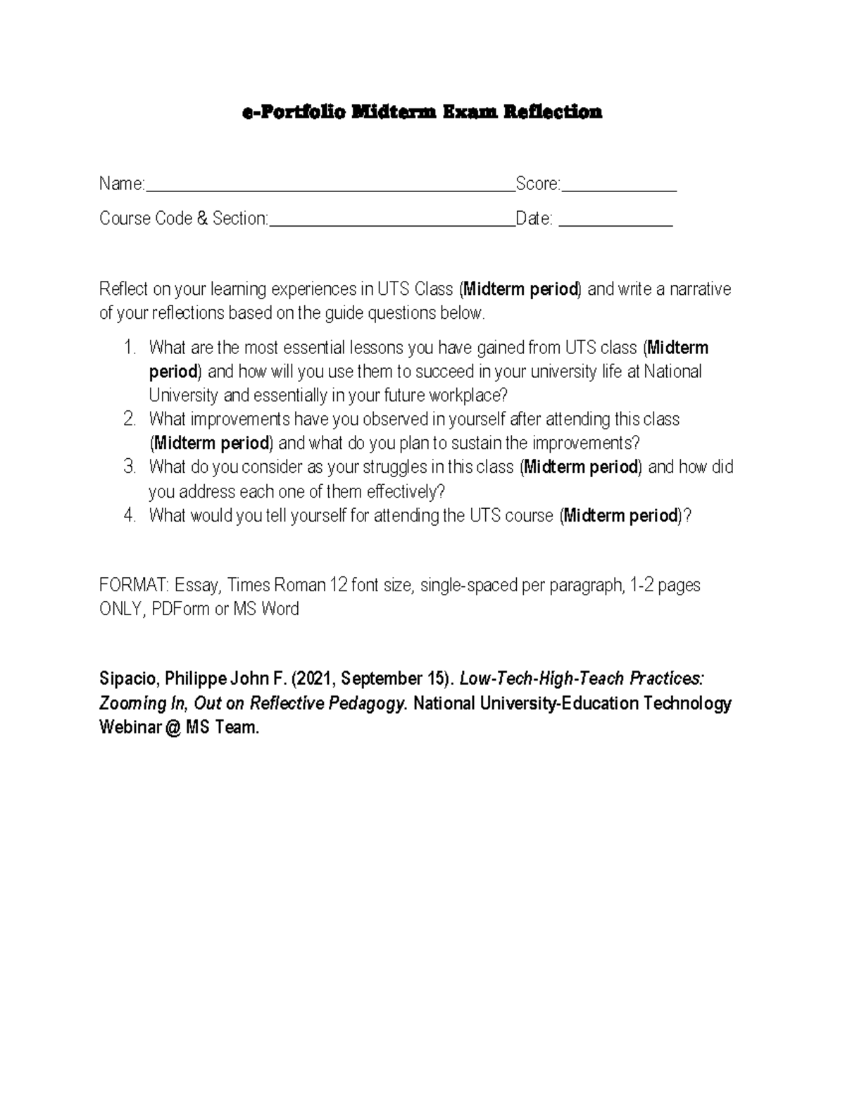 UTS Midterm e Portfolio Reflection Log - e-Portfolio Midterm Exam Reflection - Studocu