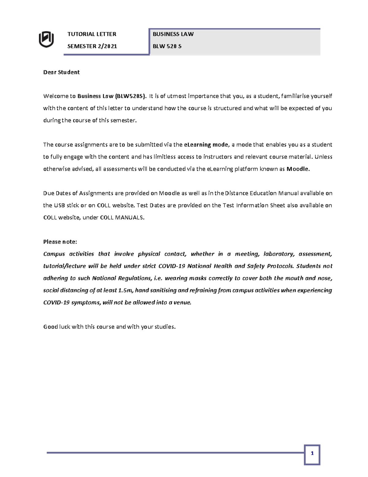 BLW512 S S2 2021 - BLW Tutorial Letter - SEMESTER 2/ BUSINESS LAW BLW ...