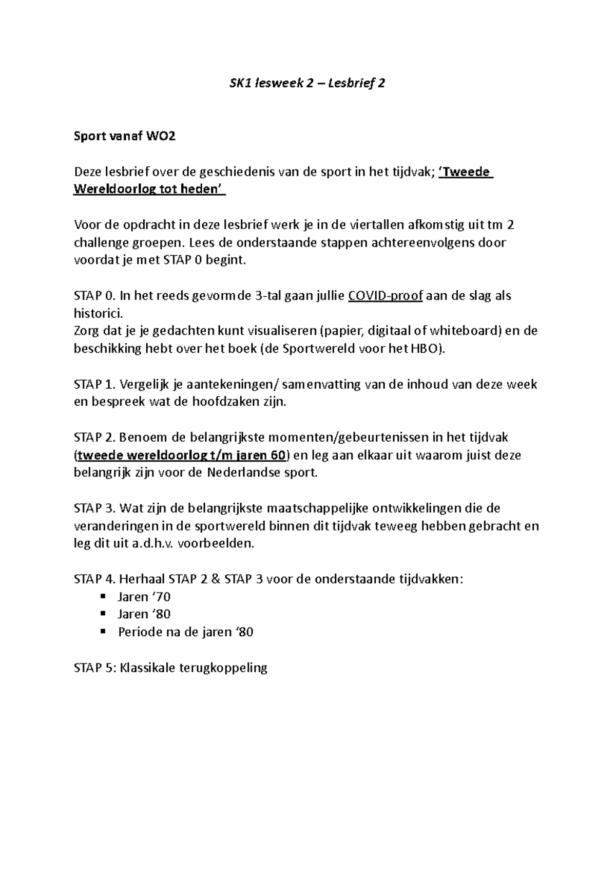SK1 Lesweek 2- Lesbrief 2 - Sport vanaf WO2 student - SK1 lesweek 2 – Lesbrief 2 Sport vanaf WO ...