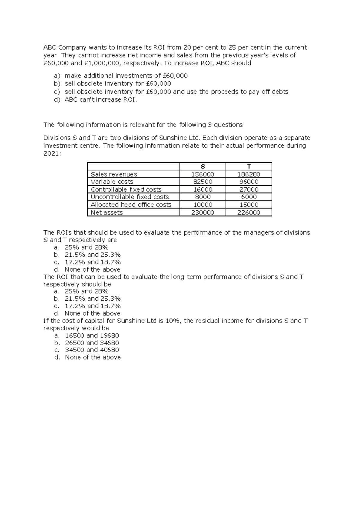 ROI and RI - Questions - Simple notes - ABC Company wants to increase ...