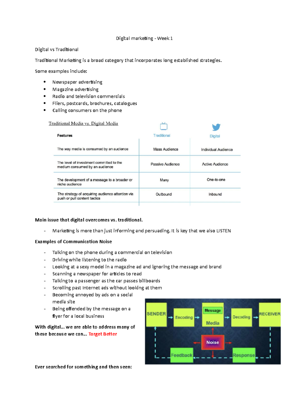 Week 1 notes - Introduction - Digital marketing - Week 1 Digital vs ...