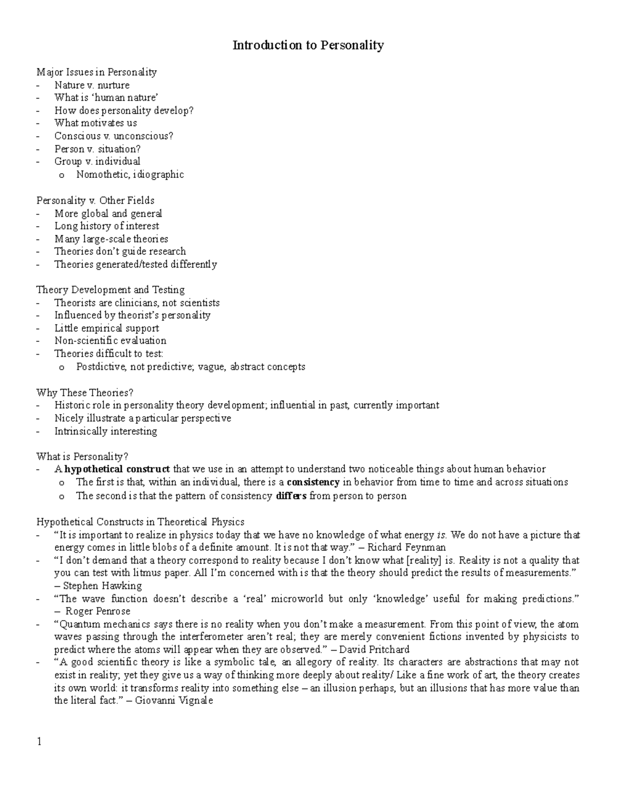 Introduction to Personality - Introduction to Personality Major Issues ...