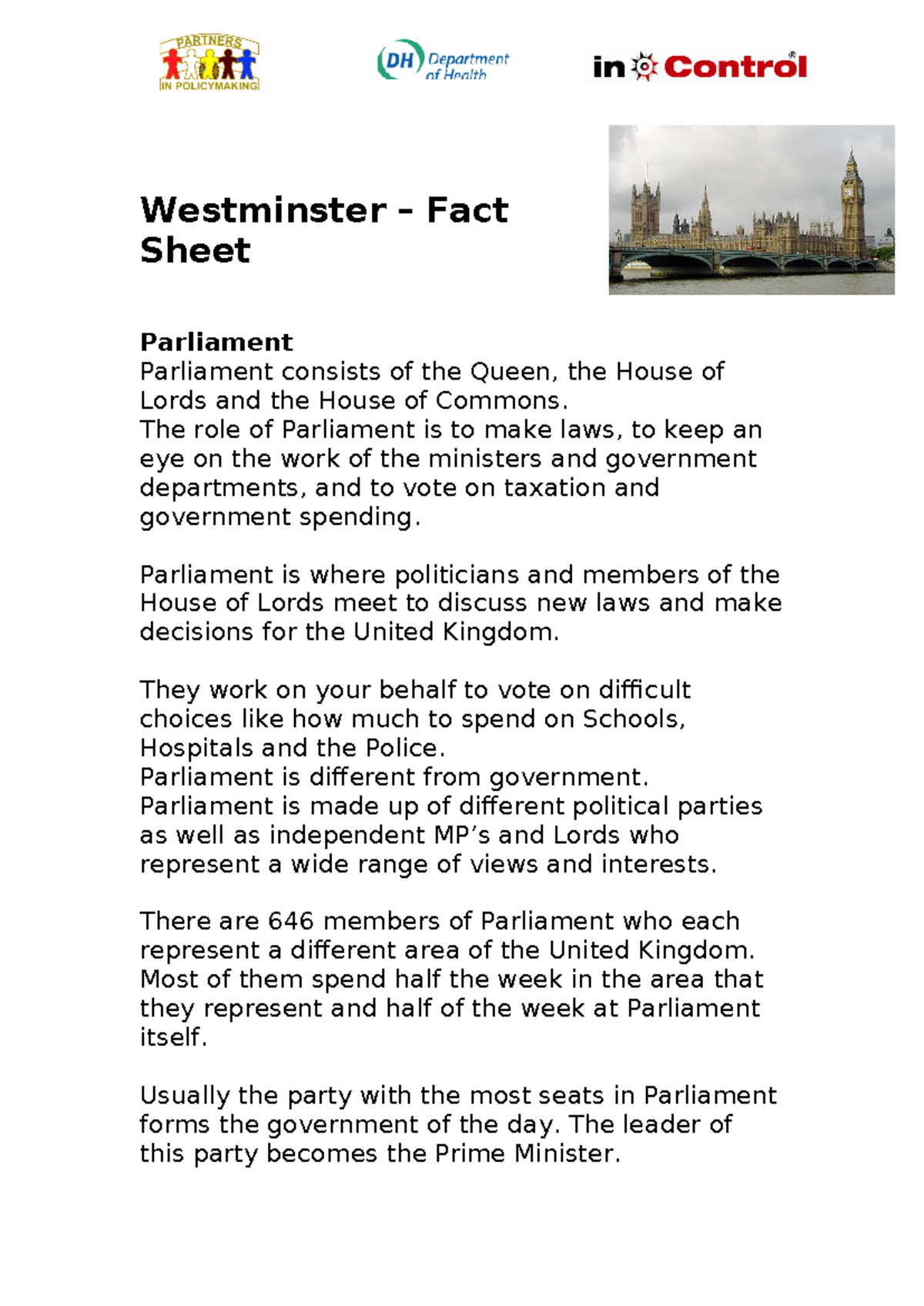 Westminster-Fact-Sheet-2 - Westminster – Fact Sheet Parliament ...
