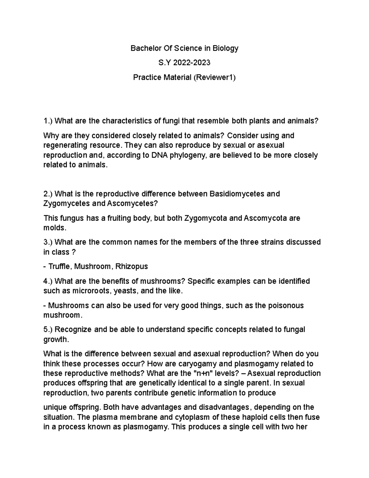 Bachelor Of Science in Biology Practice Material (Reviewer 1) - ) What ...