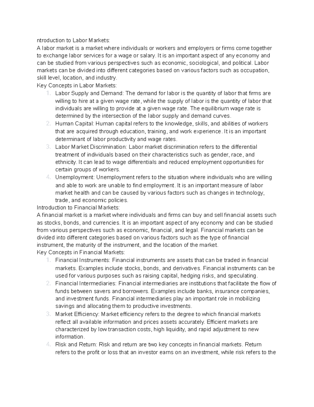 Econ1010 Lecture Notes 1 Ntroduction To Labor Markets A Labor Market