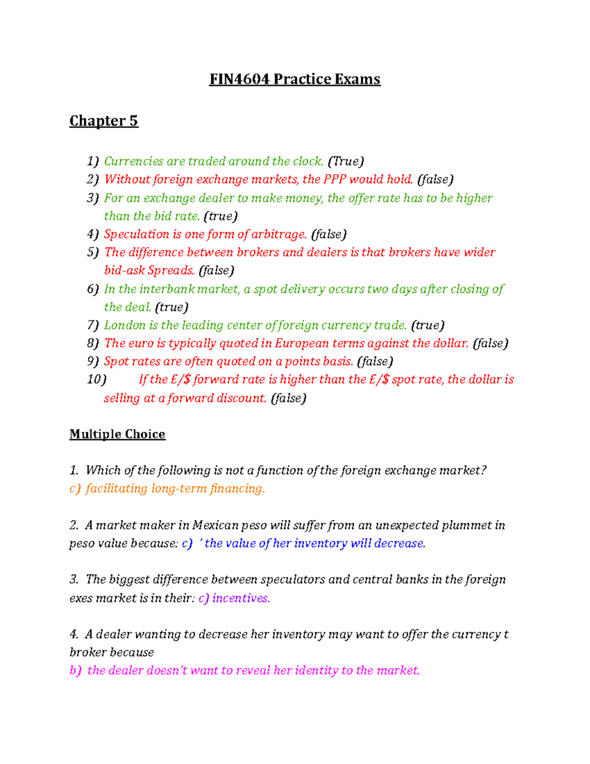 FIN4604 Exam - practice exams - FIN4604 Practice Exams Chapter 5 ...
