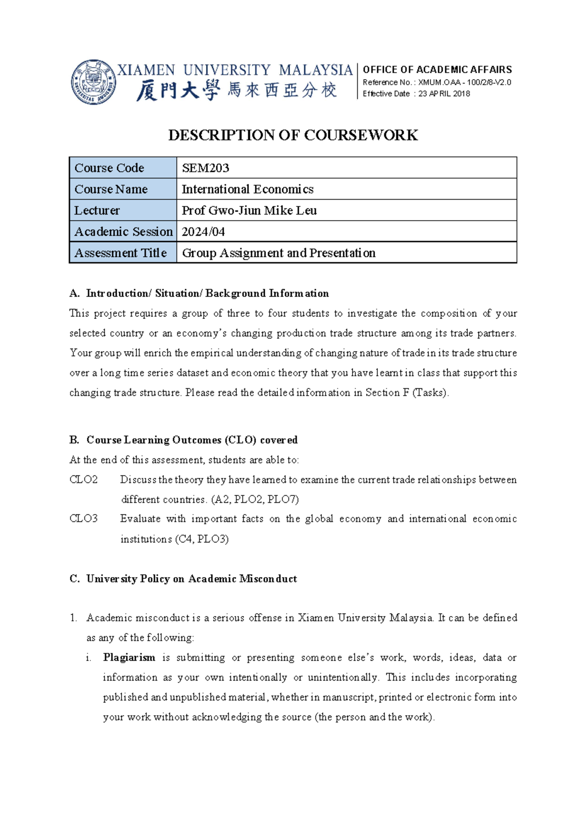 SEM203 Group Assignment Question 202404 - DESCRIPTION OF COURSEWORK Course Code SEM Course Name ...