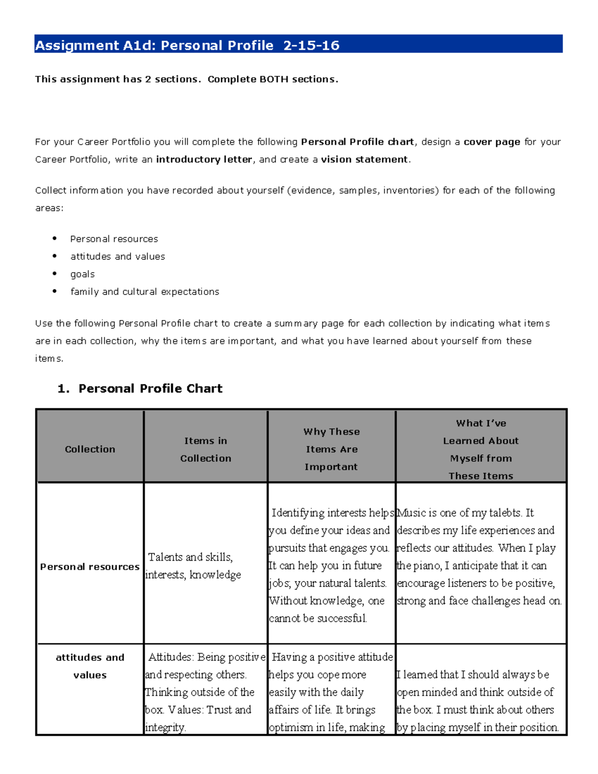 A1d Personal Profile - notes - Assignment A1d: Personal Profile 2-15 ...