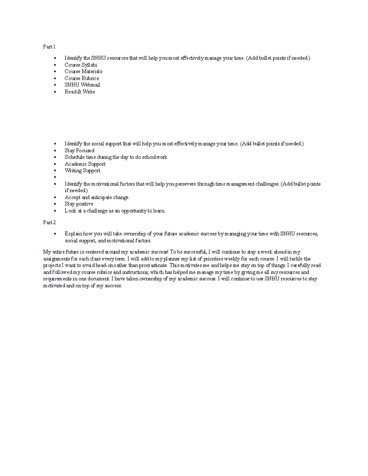 Activity Time Management What Works for You - Part 1 Identify the SNHU ...