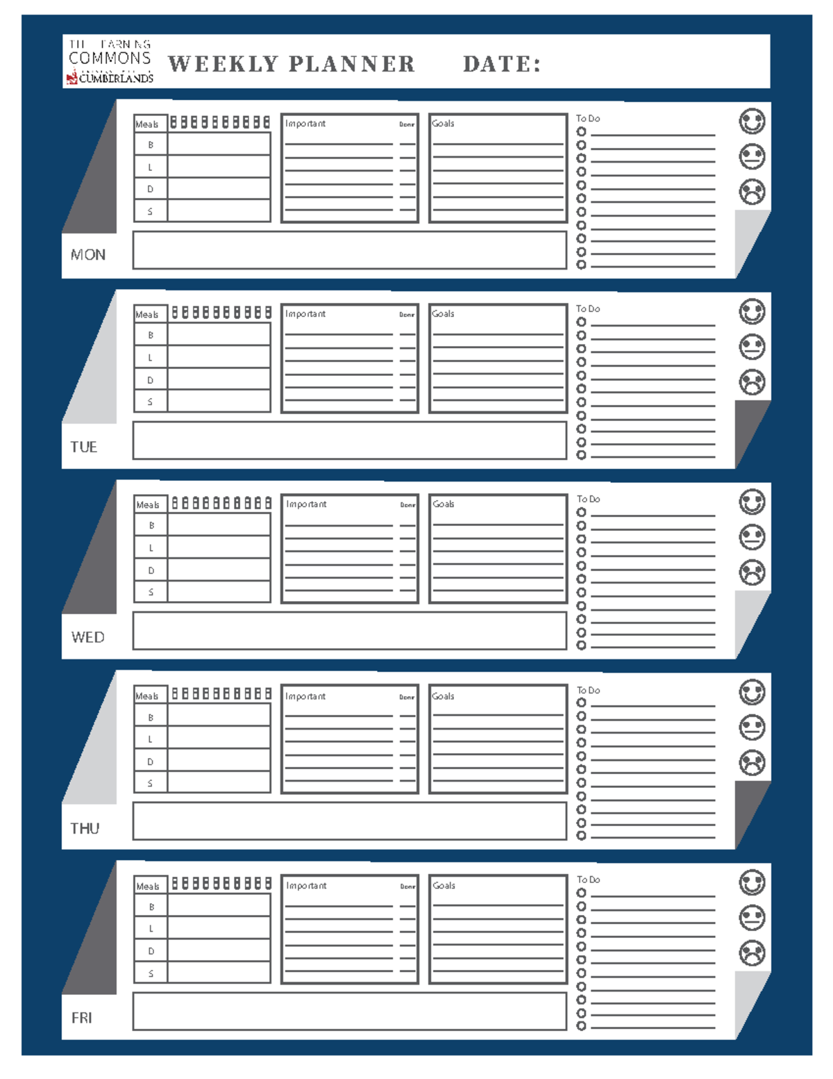 Calendar page with to-do list (Monday-Friday) - BP 723 - Meals ...