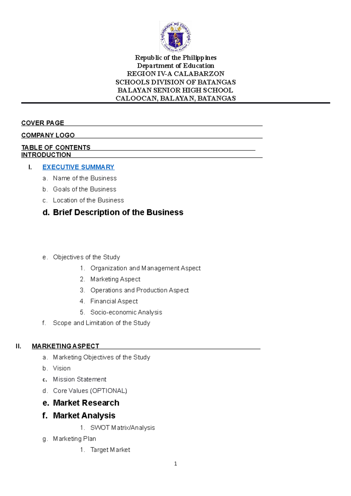 Business PLAN 2020 -2021 - Republic of the Philippines Department of ...