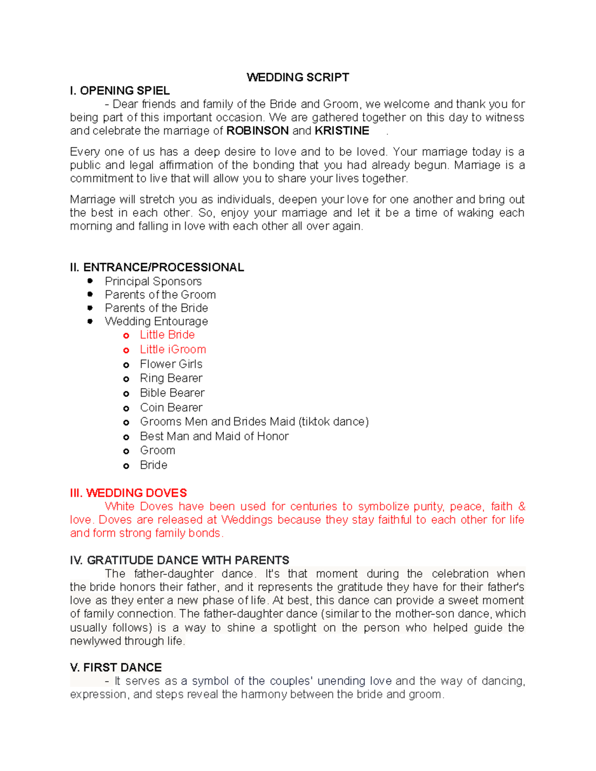 Wedding Script - Will help other hosts - WEDDING SCRIPT I. OPENING ...