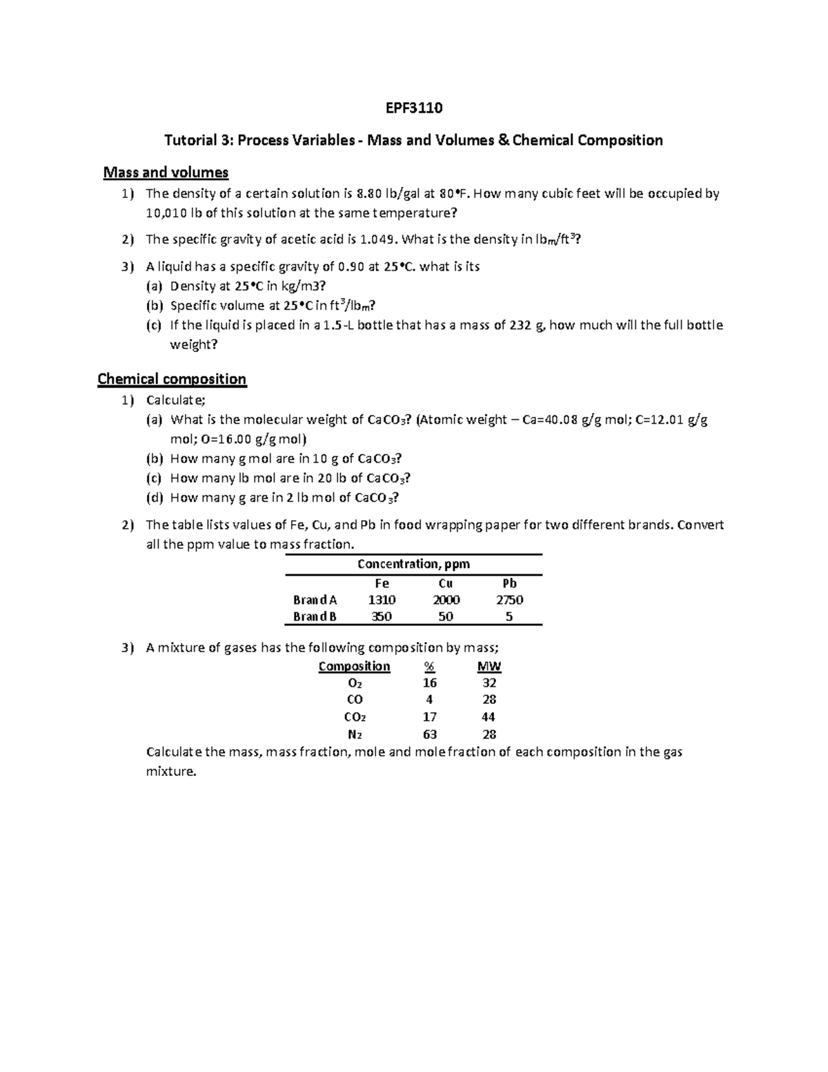 Tutorial 3 - FOR MASS AND ENERGY BALANCE - EPF Tutorial 3: Process ...