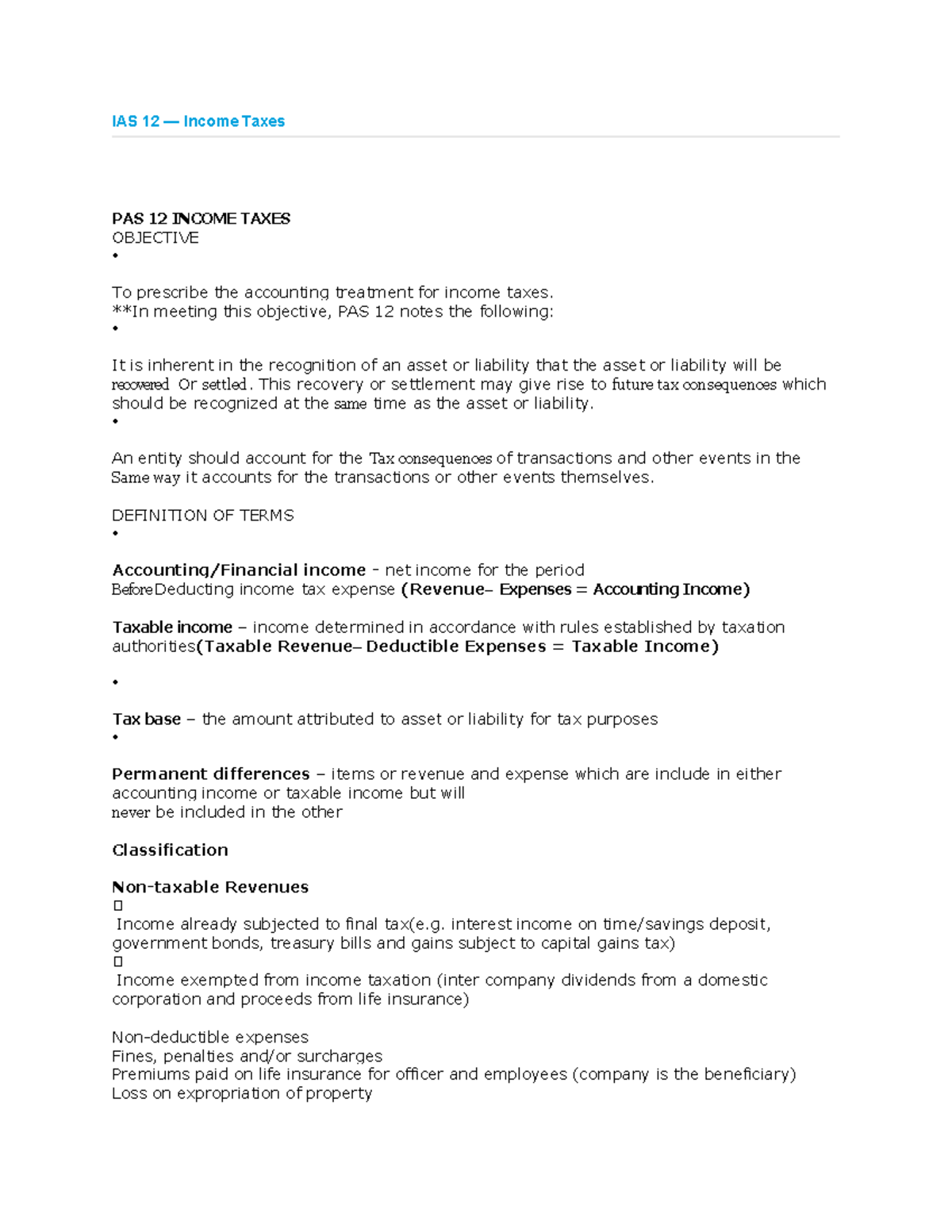 PAS 12 - Lecture notes PAS 12 - IAS 12 — Income Taxes PAS 12 INCOME ...