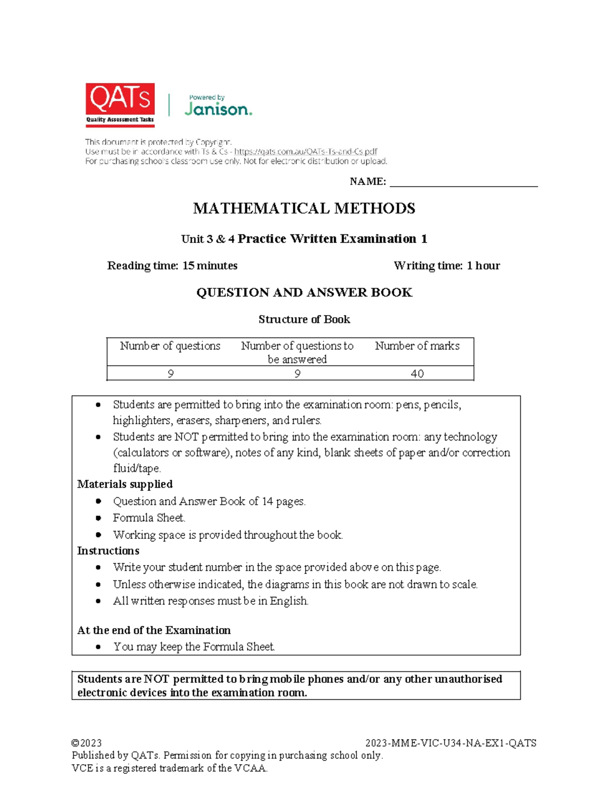 2023 qats methods exam 1 units 3/4 - NAME: ___________________________ MATHEMATICAL METHODS Unit ...