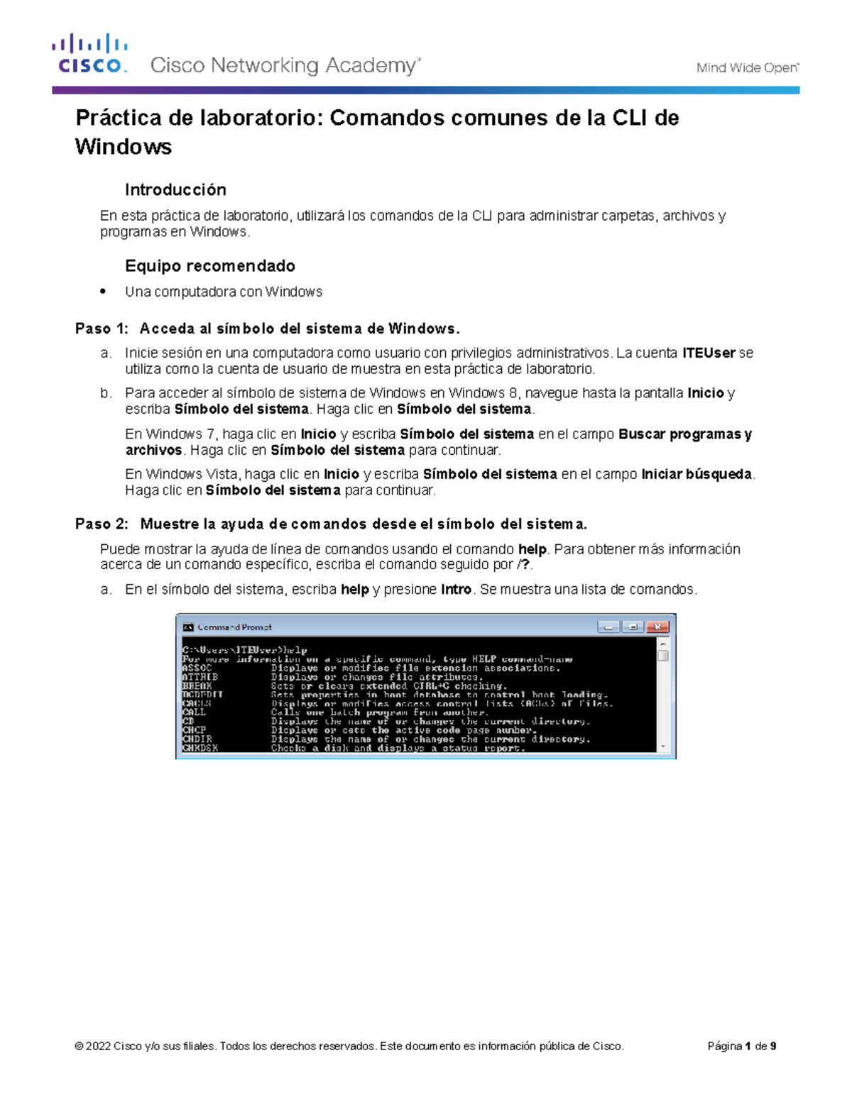 6.1.5.4 Lab - Common Windows CLI Commands - Práctica de laboratorio: Comandos comunes de la CLI ...