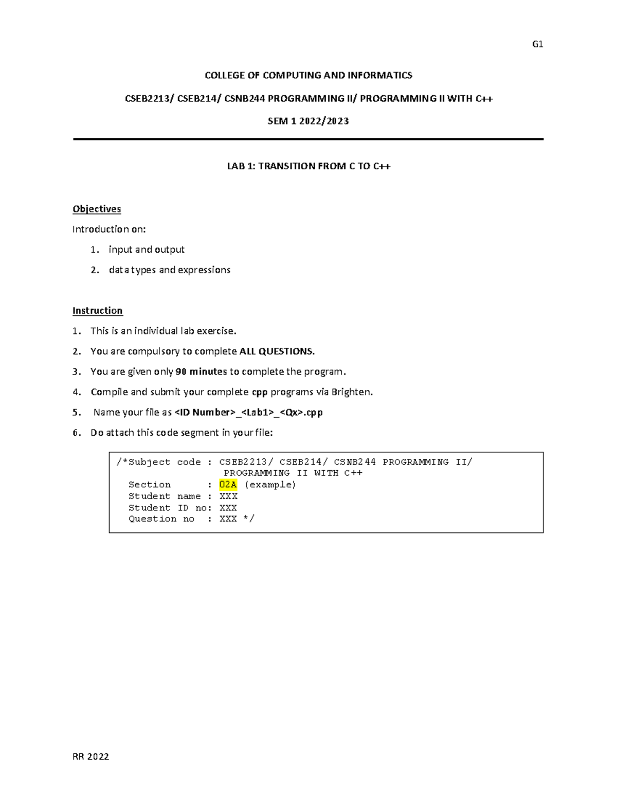 1209222 G1 8am Lab 1 Transition from C to C++ Answer - COLLEGE OF ...