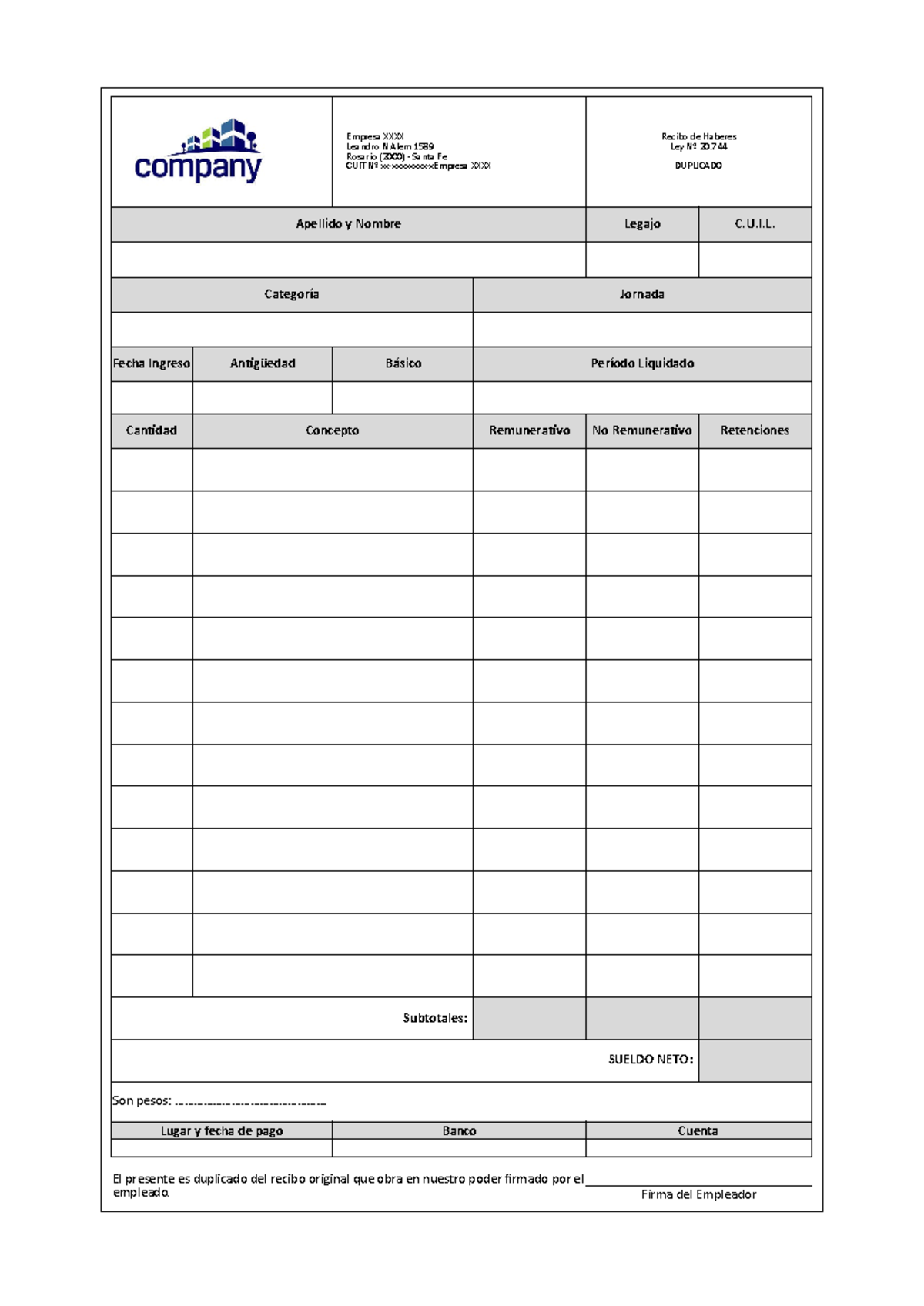 Recibo modelo en excel - Apellido y Nombre Legajo C.U.I. Categoría ...