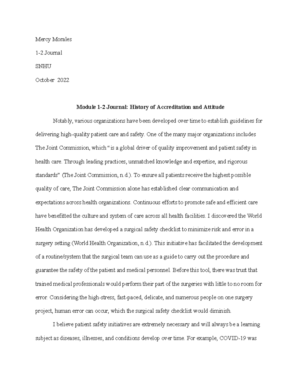 IHP 355 - Module 1 Journal - Mercy Morales 1-2 Journal SNHU October ...