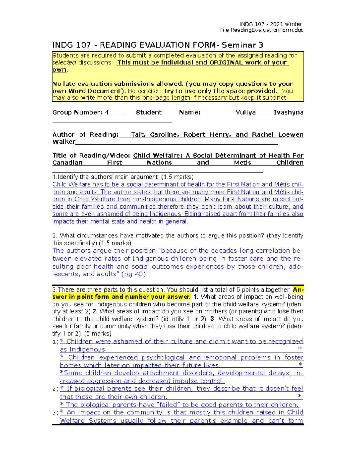 Seminar 3 - INDG 107 - 2021 Winter File ReadingEvaluationForm INDG 107 ...