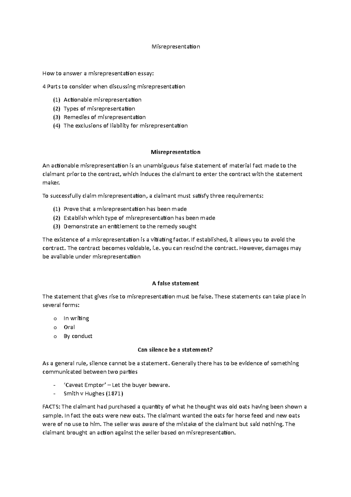 Misrepresentation final - Misrepresentaion How to answer a ...
