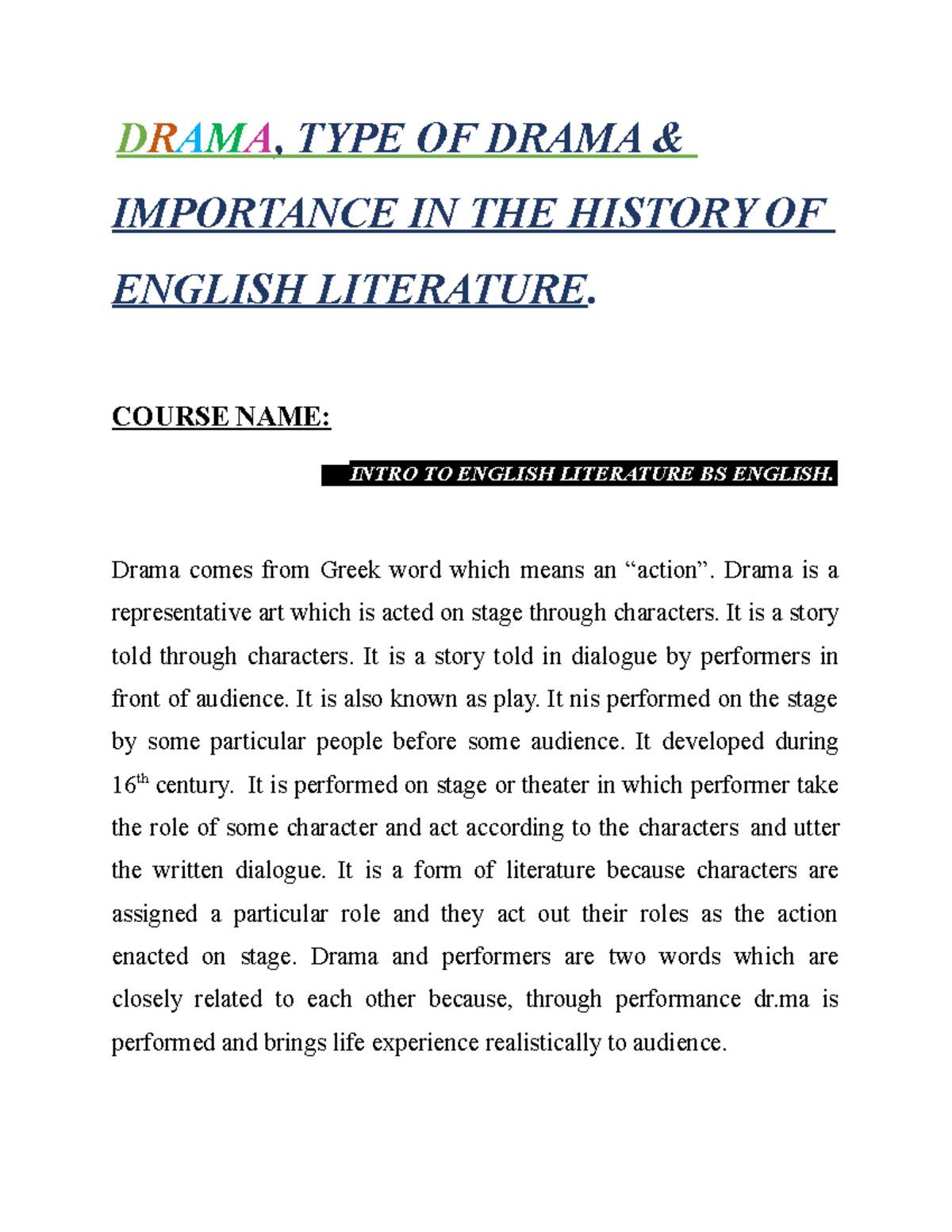 Drama, TYPE OF Drama & Importance IN THE History OF English Literature ...