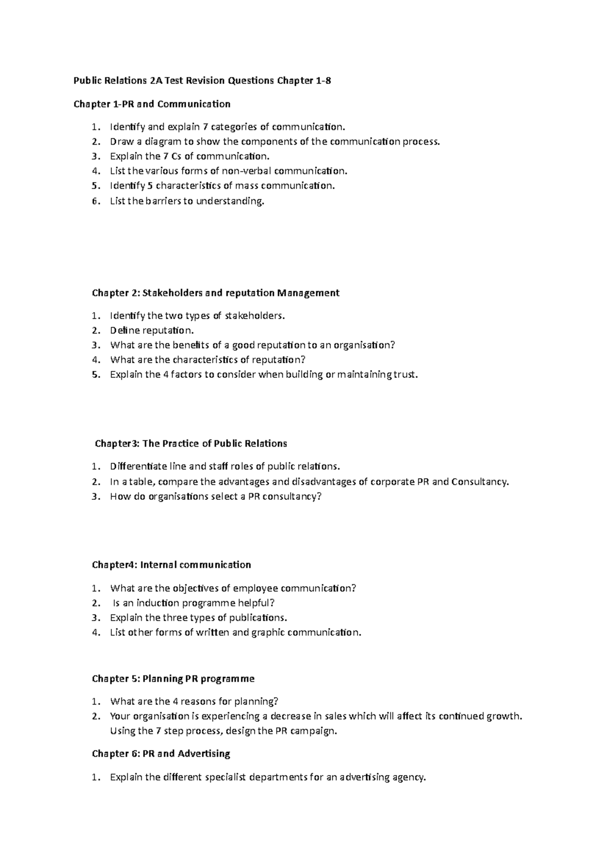 PR2A Week 9 Test Revision - Public Relations 2A Test Revision Questions ...