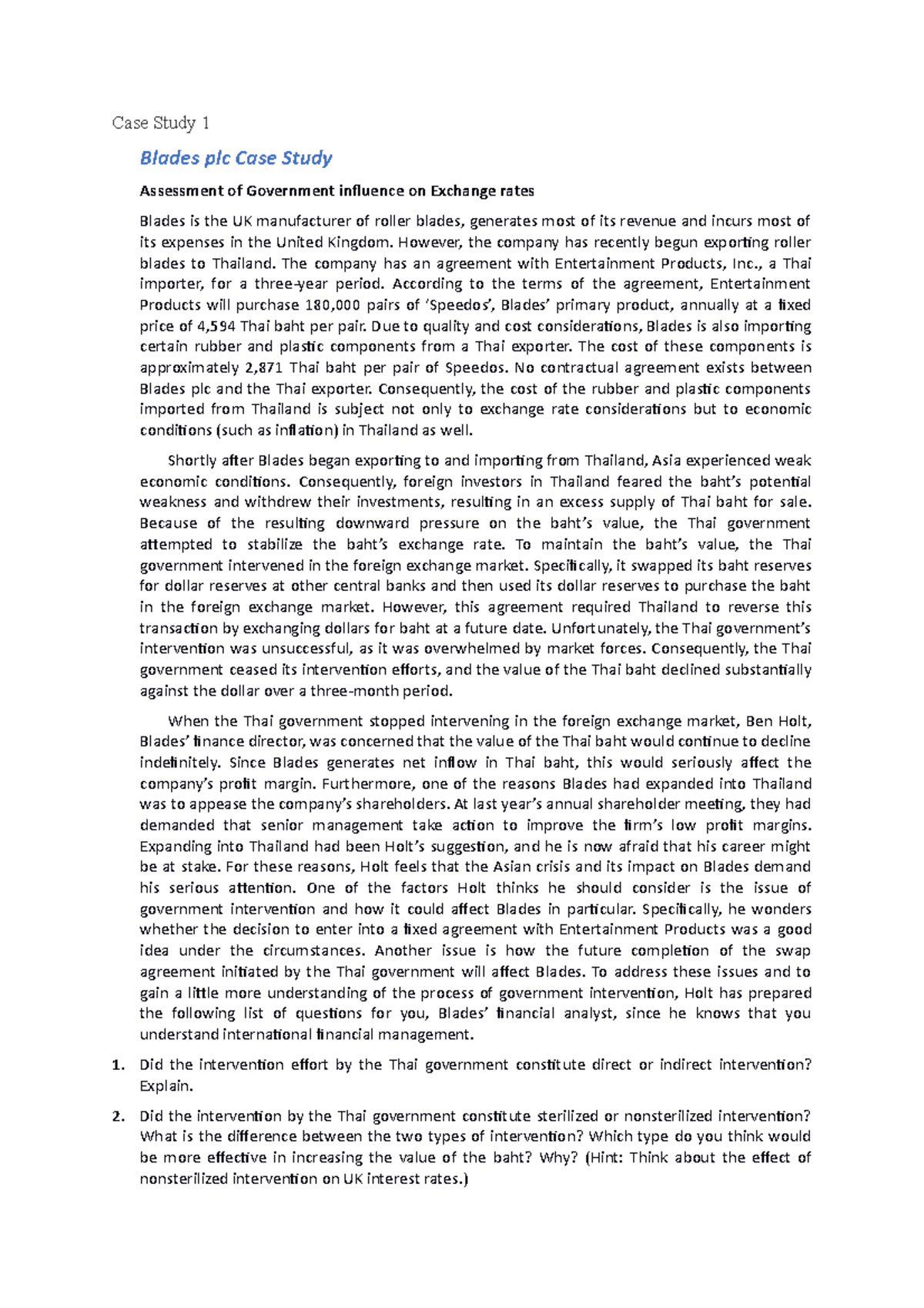 Case Study 1 Answer - Case Study 1 Blades plc Case Study Assessment of ...