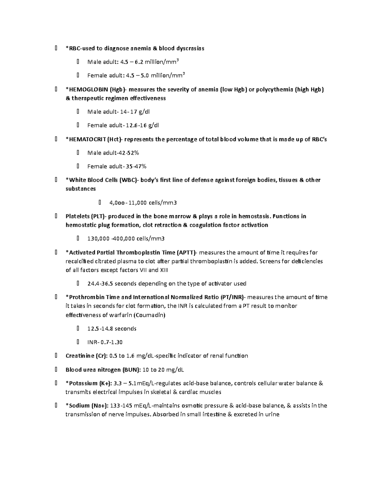 Lab Values Need to Know - *RBC-used to diagnose anemia & blood ...