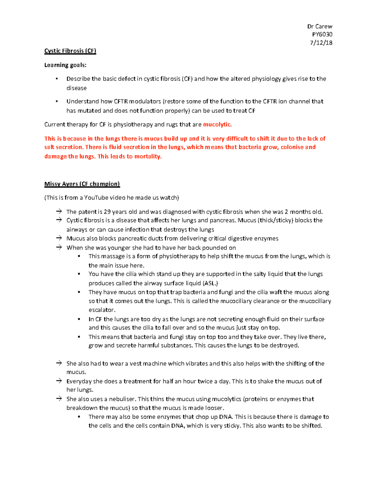 Cystic Fibrosis Notes - PY 7/12/ **Cystic Fibrosis (CF) ** Learning ...