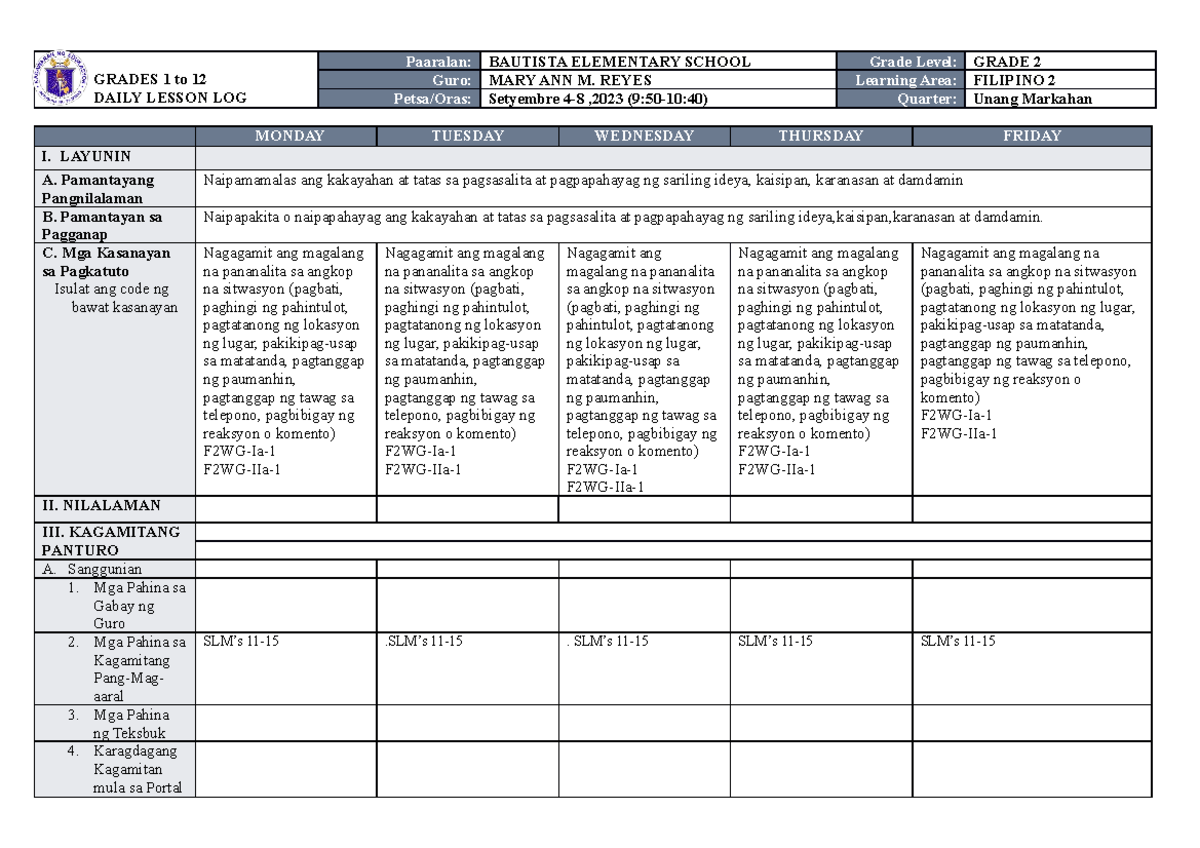Filipino-week-2 - Filipino-week-2 - GRADES 1 to 12 DAILY LESSON LOG ...