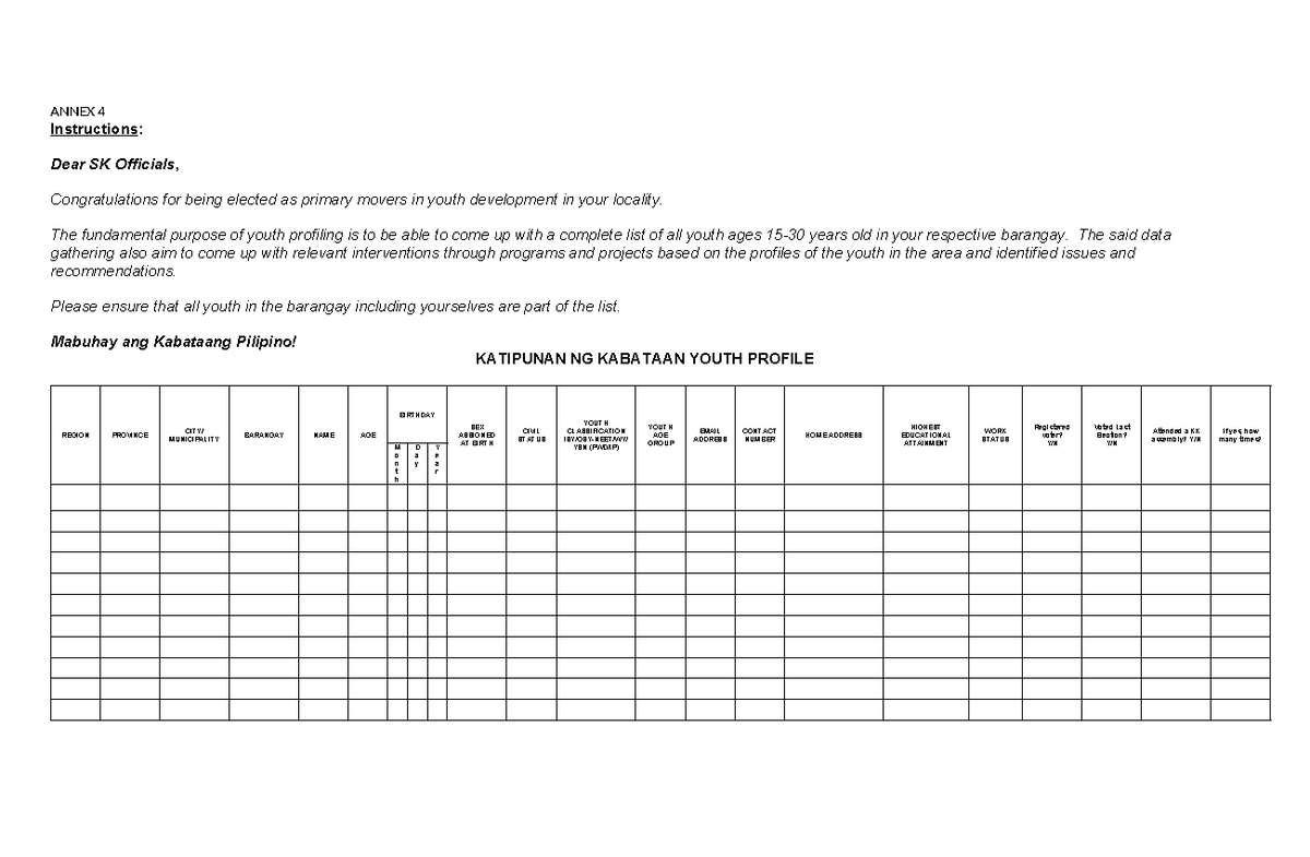 Annex 4 KK Profilling - .... - ANNEX 4 Instructions: Dear SK Officials, Congratulations for ...