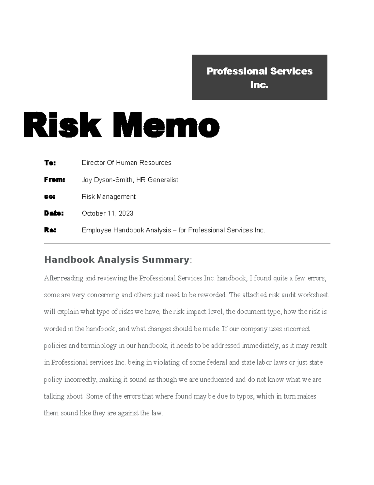 Risk Memo - risk memo - Professional Services Inc. Risk Memo To ...