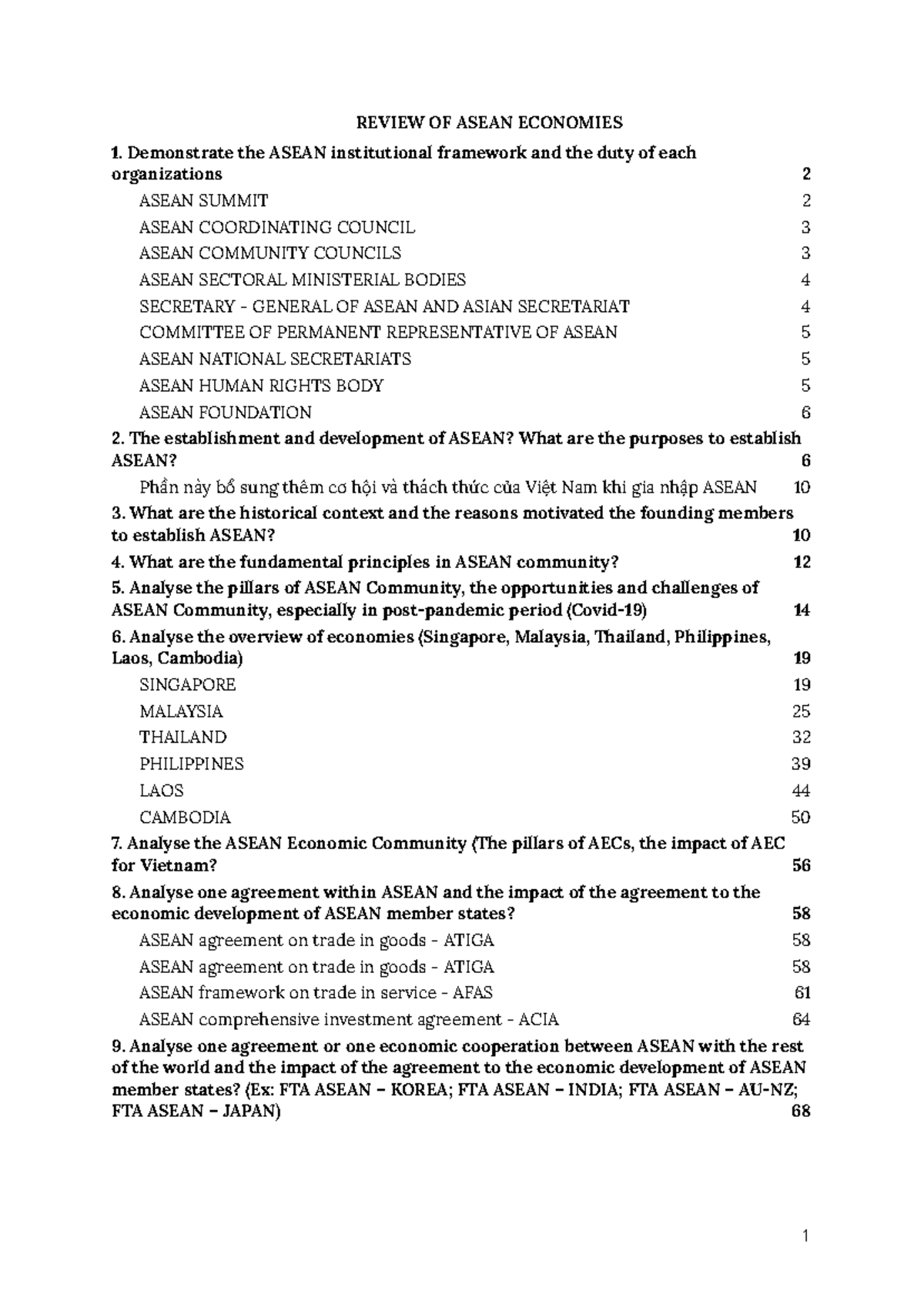 Đề cương Asean - REVIEW OF ASEAN ECONOMIES Demonstrate the ASEAN ...