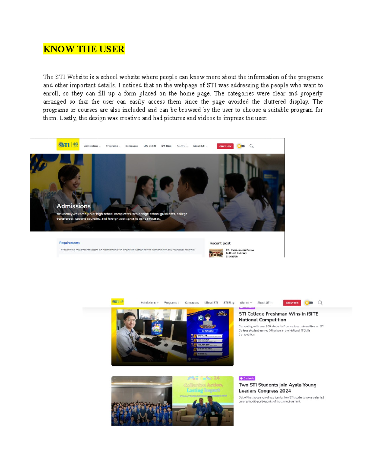 01 Laboratory Exercise 1 - ARG HCI - KNOW THE USER The STI Website is a school website where ...