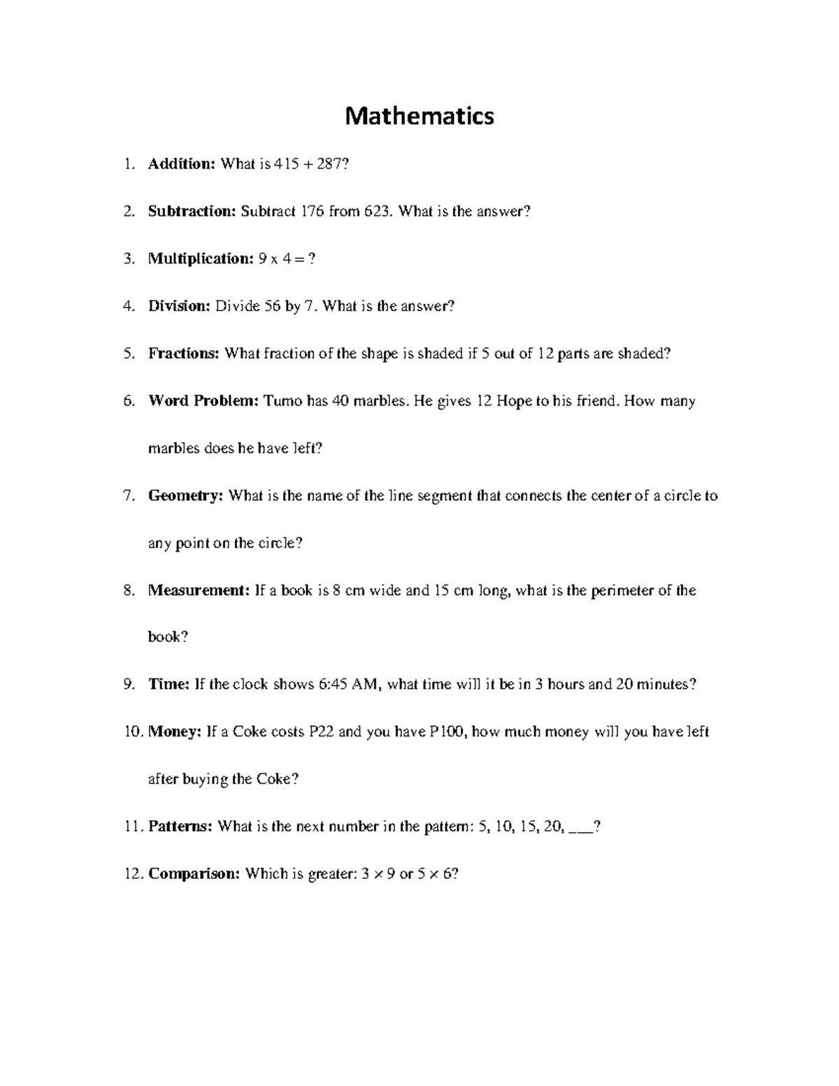 Mathematics - maths questions - Mathematics Addition: What is 415 + 287 ...