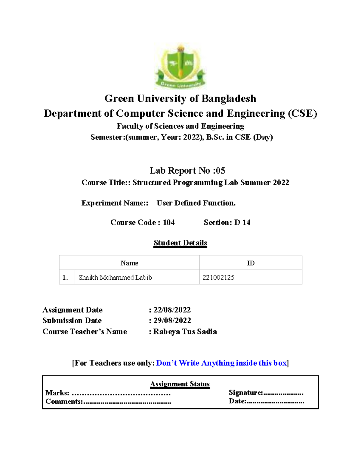 ID 221002125 CSE 104 Lab Report No - Green University of Bangladesh Department of Computer ...