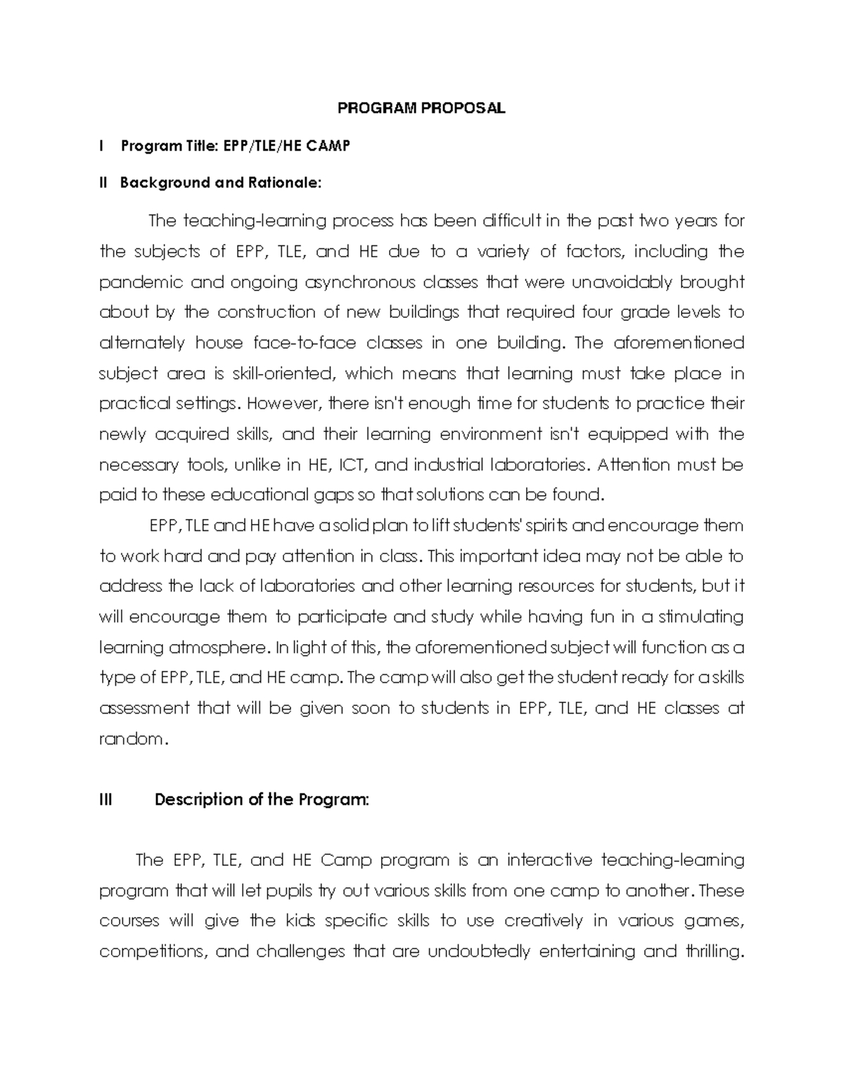 EPP Program Proposal - PROGRAM PROPOSAL I Program Title: EPP/TLE/HE ...