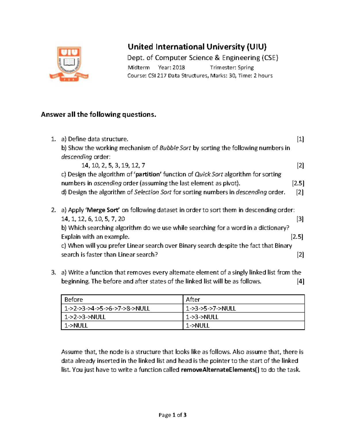 Mid Term Question 181 CSI217 A KM - Page 1 of 3 United International University (UIU) Dept. of ...