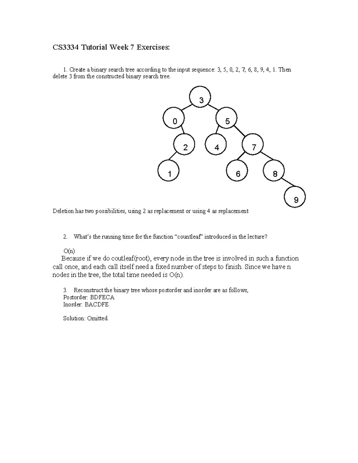 T7 (with solution) - tutorial - CS3334 Tutorial Week 7 Exercises: 1. Create a binary search tree ...