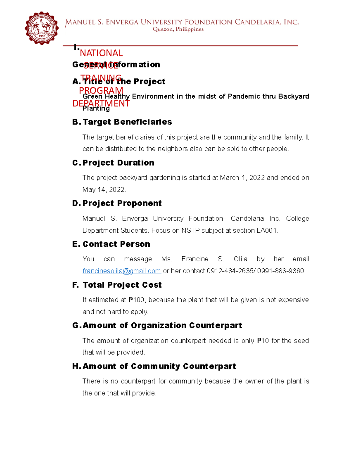 Nstp-template community 2 - I. General Information A. Title of the ...