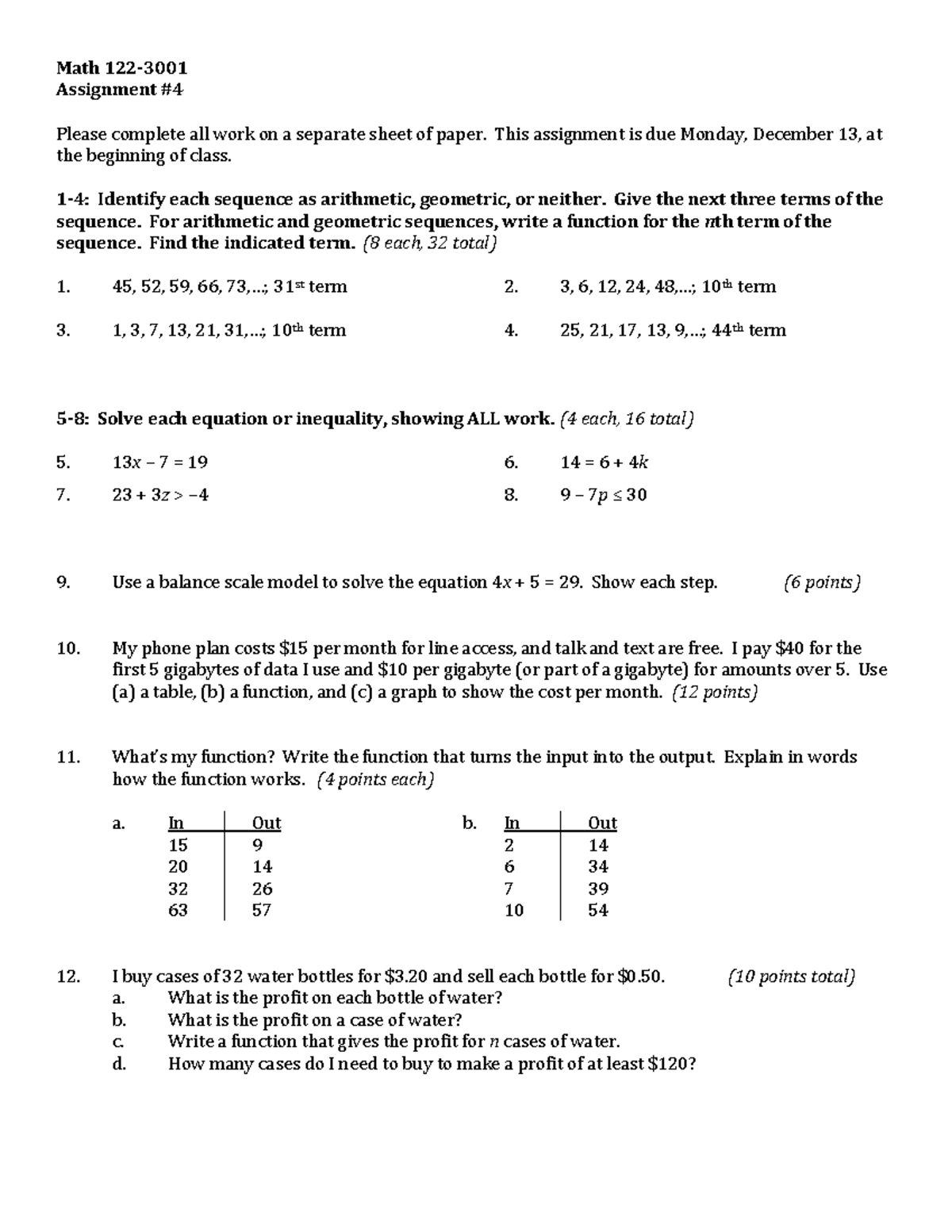 Assignment 4 - N/A - Math 122- Assignment # Please complete all work on ...