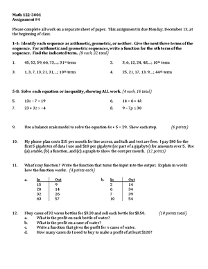 Assignment 2 - N/A - Math 122- Assignment # Please answer all questions on separate paper (not ...